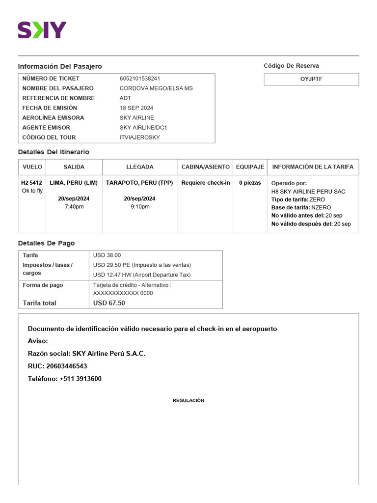 Recibo de Pasaje Electrónico, SKY | PDF | Aviación | aerolíneas