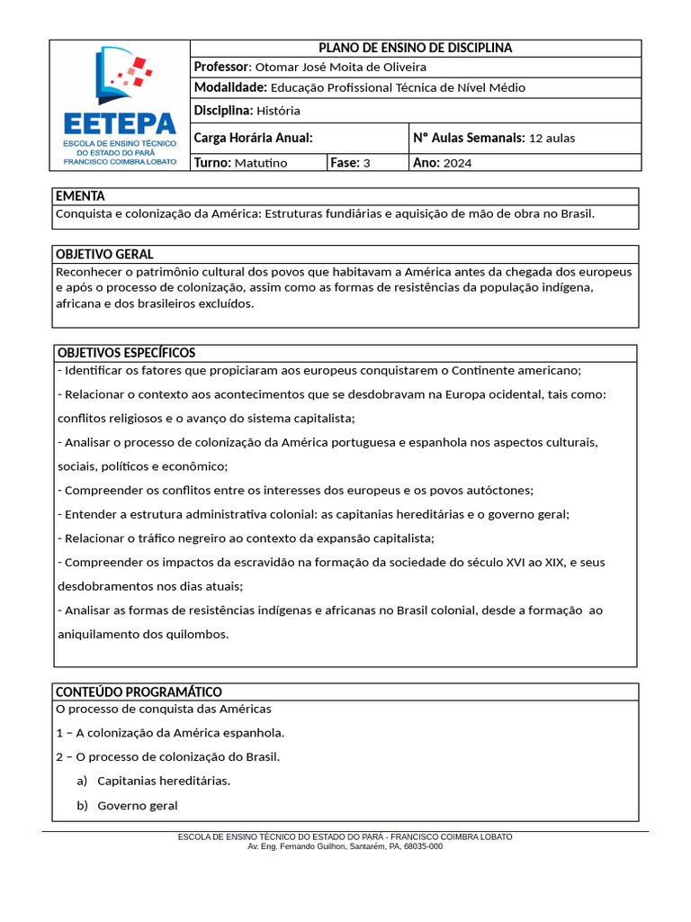 Plano de Ensino Da Disciplina - Modelo Em Branco | PDF | Brasil | Europa