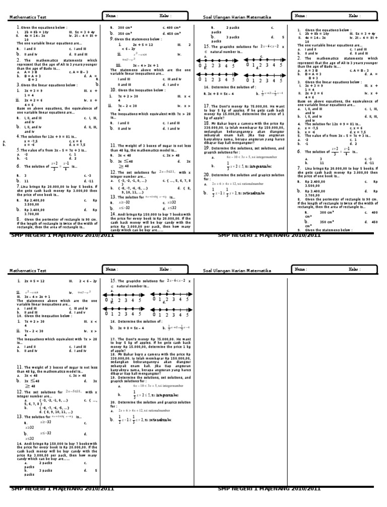 One Variable Linear Equation Test Grade VII | PDF | System Of Linear ...