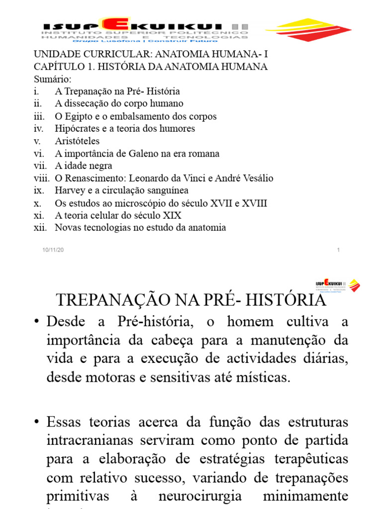 Anatomia Humana I. História Da Anatomia. Prof. Almeida Chitungo | PDF