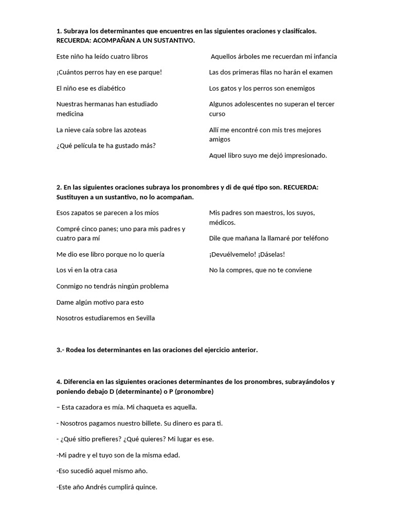 Ejercicios Determinantes y Pronombres. 1 | PDF