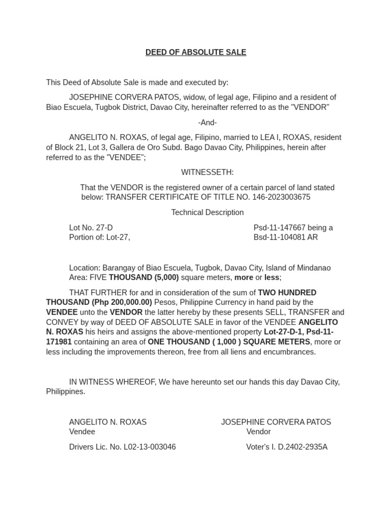 Deed of Absolute Sale Biao | PDF | Deed | Legal Documents