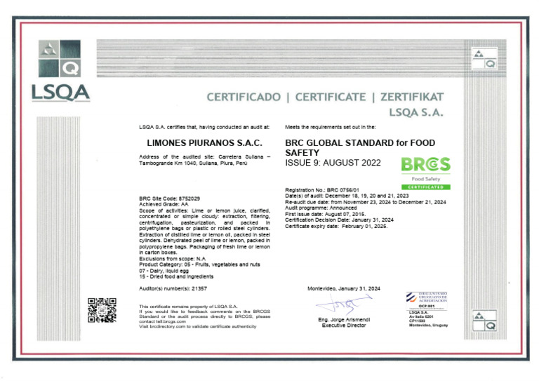 2023 CERTIFICADO BRCGS LIMONES PIURANOS | PDF