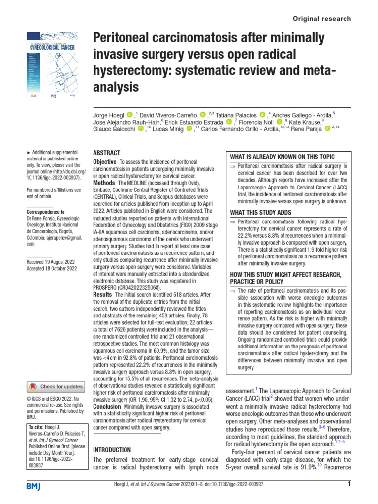 Peritoneal carcinomatosis after MIS vs OS | PDF | Cervical Cancer | Cancer