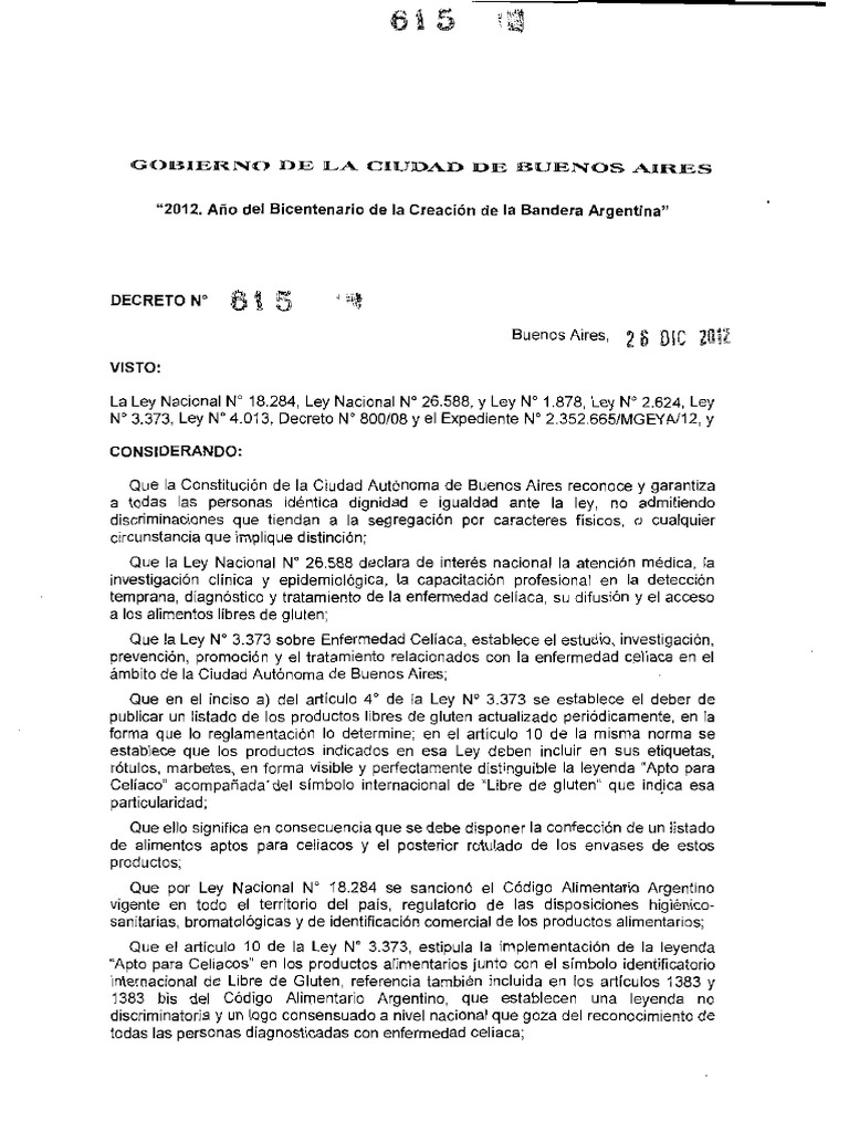Dec 615 - Reglamenta Ley 3373 Enfermedad Celiaca | PDF
