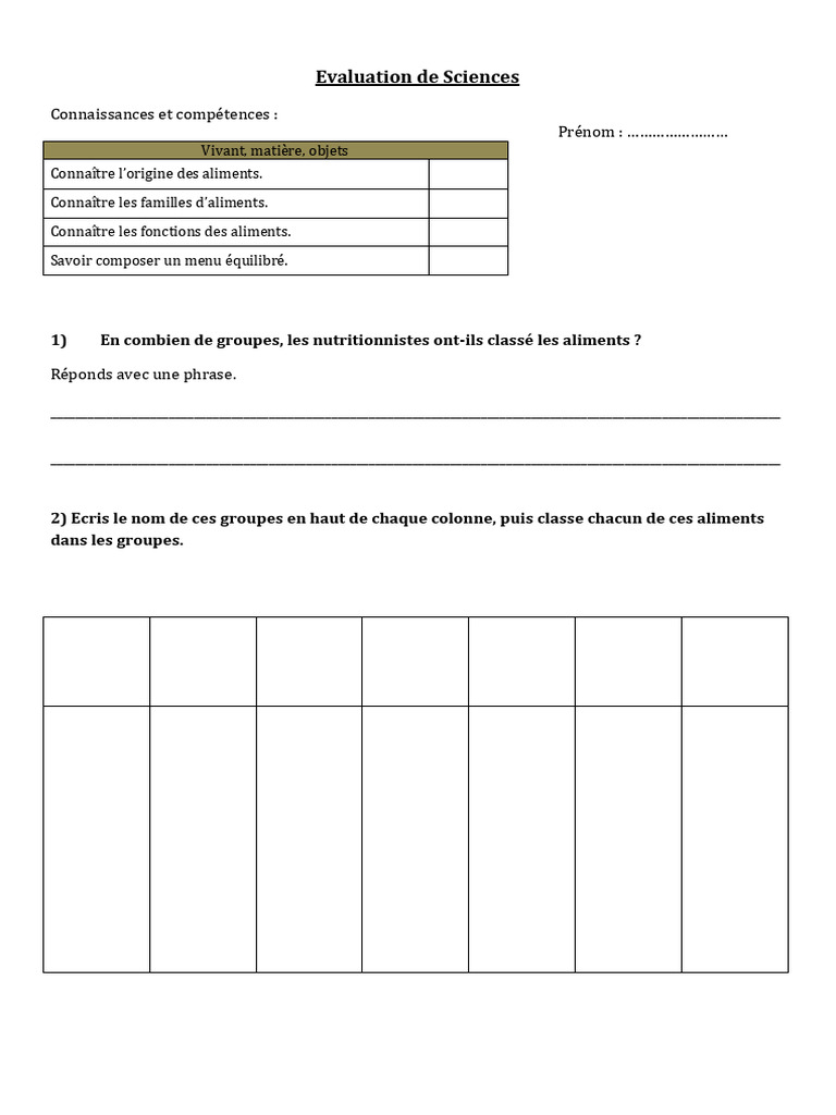 Évaluation sur l'alimentation CM2 | PDF