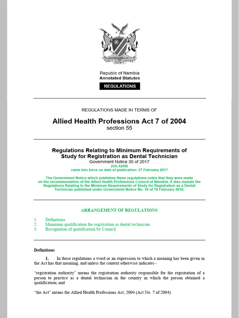 Allied Health Professions Act 7 of 2004-Regulations 2017-030 | PDF