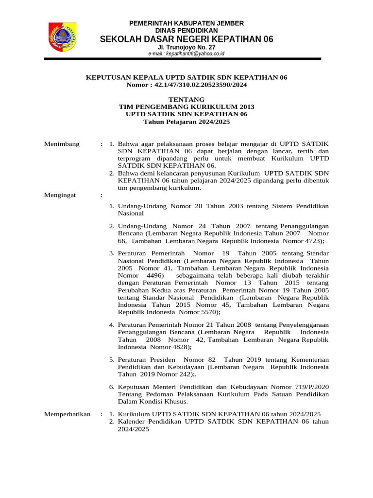 SK TIM PENGEMBANG KURIKULUM 2024-2025 | PDF