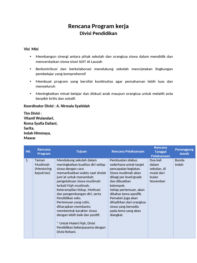 Rencana Program Kerja Div Pendidikan-1 | PDF