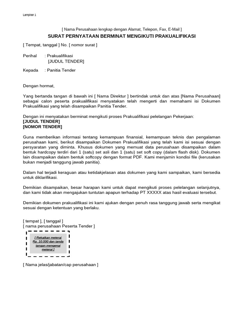 Lampiran - Surat Pernyataan Berminat Prakualifikasi Tender | PDF
