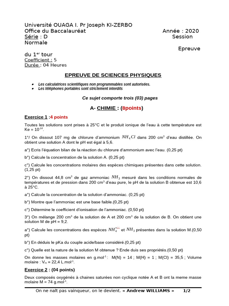Épreuve de Physique-Chimie Bac 2020 | PDF | Champ magnétique | Inducteur