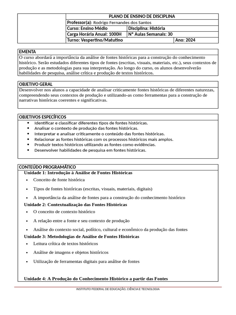 Plano de Ensino Da Disciplina - Modelo em Branco | PDF | Imagem | Metodologia