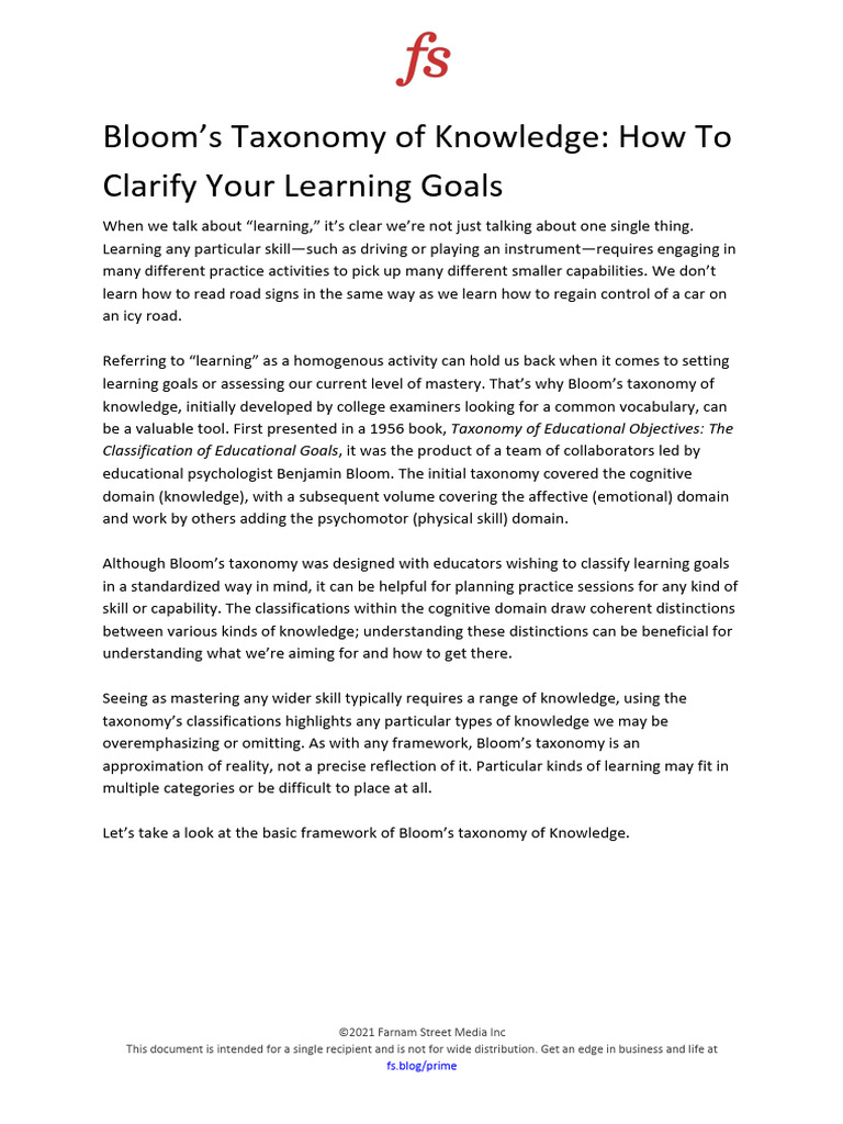 Bloom's Taxonomy of Knowledge How To Clarify Your Learning Goals | PDF | Information | Knowledge