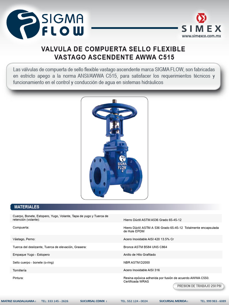 Válvulas de Compuerta SIGMA FLOW 250 PSI | PDF | Tornillo | Hierro