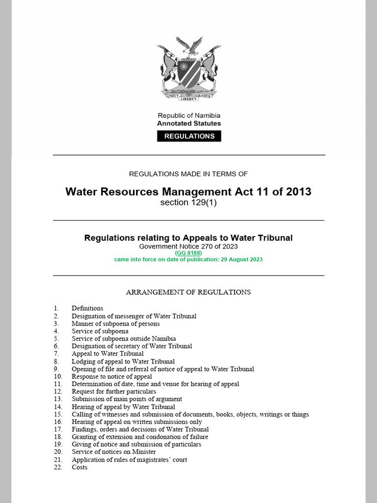 Water Resources Management Act 11 of 2013-Regulations 2023-270 | PDF ...