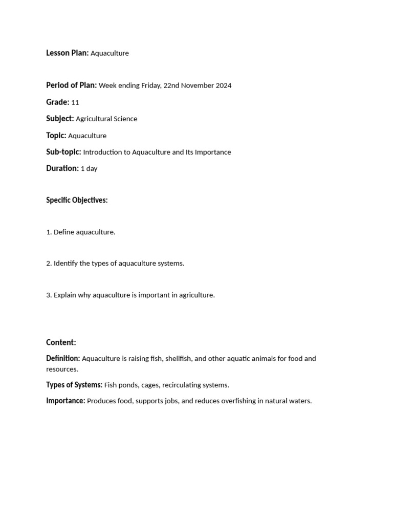 Aquaculture and Animal Diseases Lesson Plan | PDF | Aquaculture ...