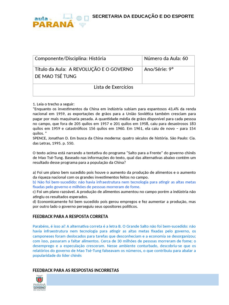 historia_9ºano_Lista aula60 | PDF | Mao Tsé-Tung | China