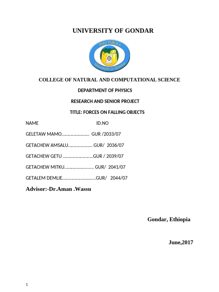 Gonder University Phy Project | PDF | Drag (Physics) | Force