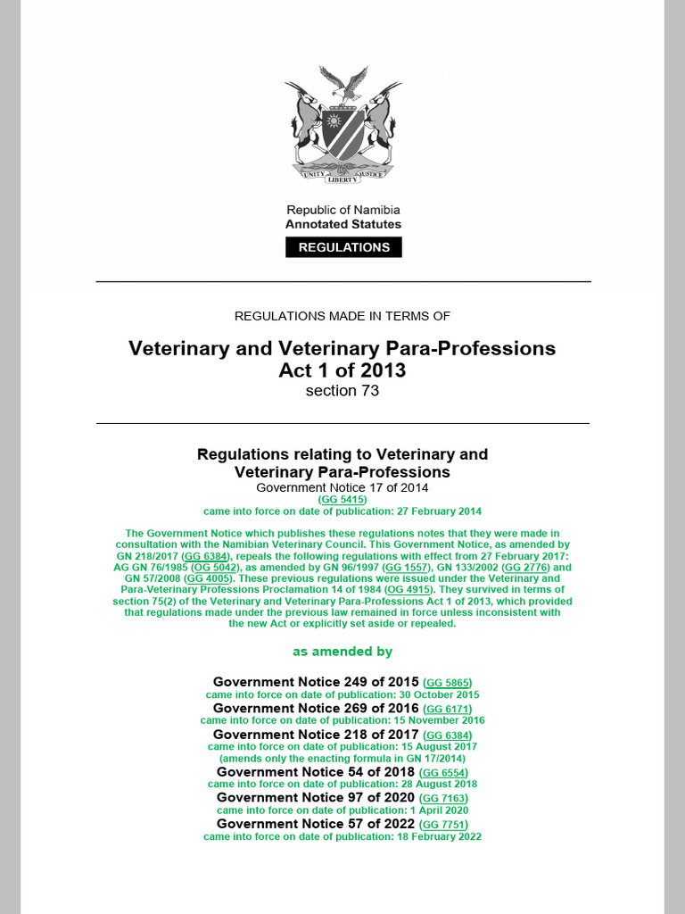 Namibia Veterinary Regulations 2013 | PDF | Veterinary Medicine ...