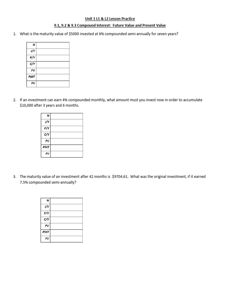9.1, 9.2, 9.3 - Compound Interest, FV, PV - Practice Questions | PDF