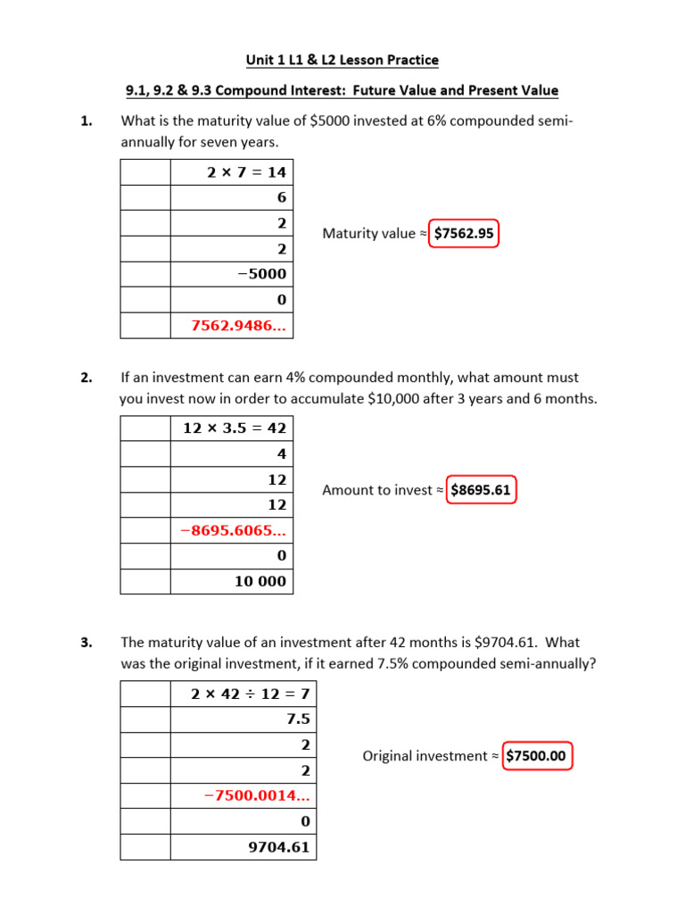 9.1, 9.2, 9.3 - Compound Interest, FV, PV - Practice Solutions | PDF | Compound Interest ...