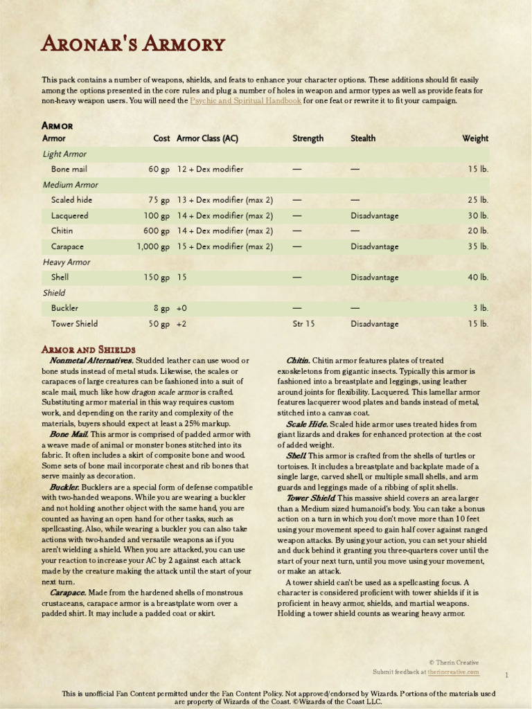 Aronar's Armory by Therin Creative - GM Binder | PDF | Armour | Shield