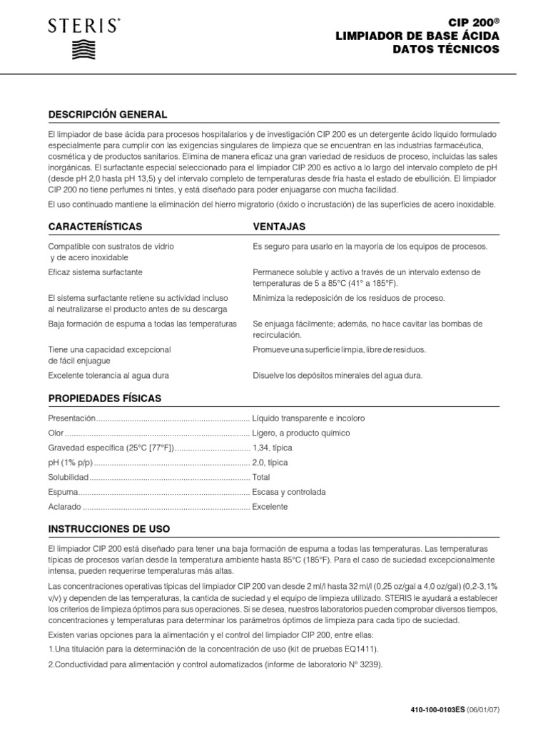 CIP 200 TDS ES | PDF | Tensioactivo | Agua