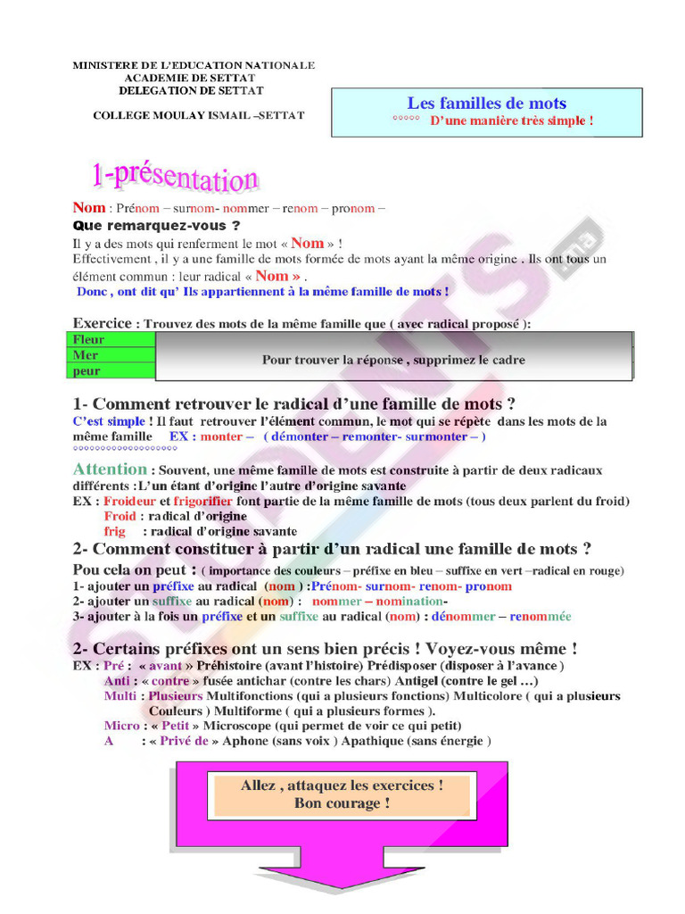 Les Familles de Mots Français 2AC | PDF