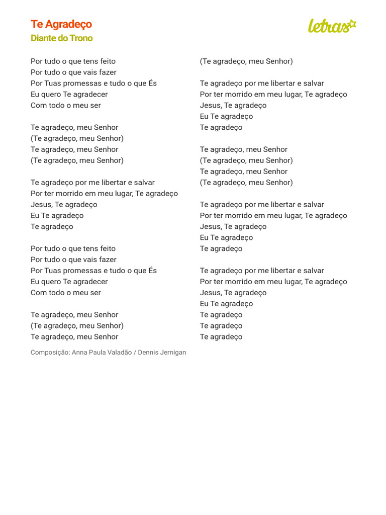 TE AGRADEÇO - Diante Do Trono (Impressão) | PDF