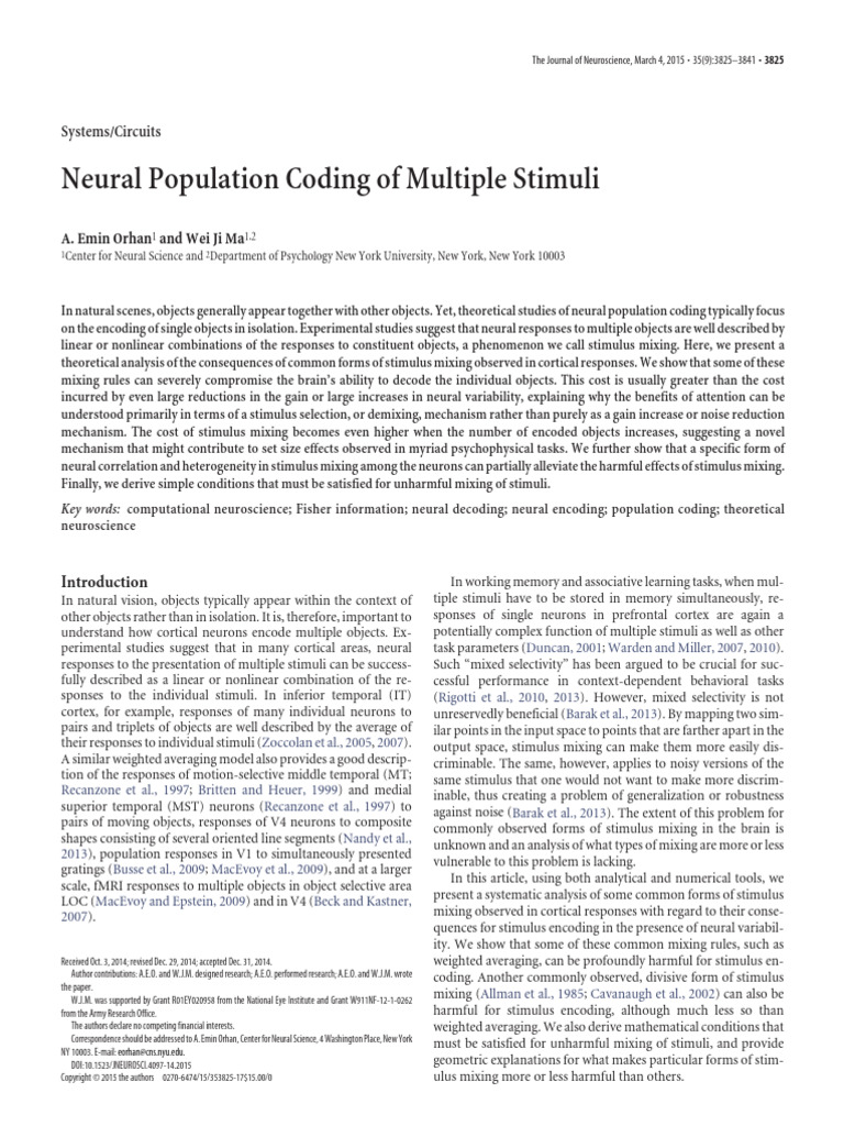 Orhan And Ma 2015 Neural Population Coding Of Multiple Stimuli Pdf Matrix Mathematics