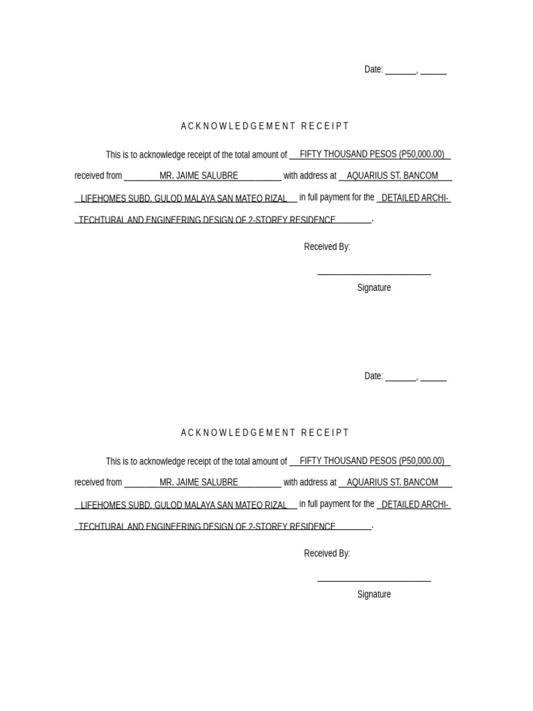 Acknowledgement Receipt - Salubre | PDF