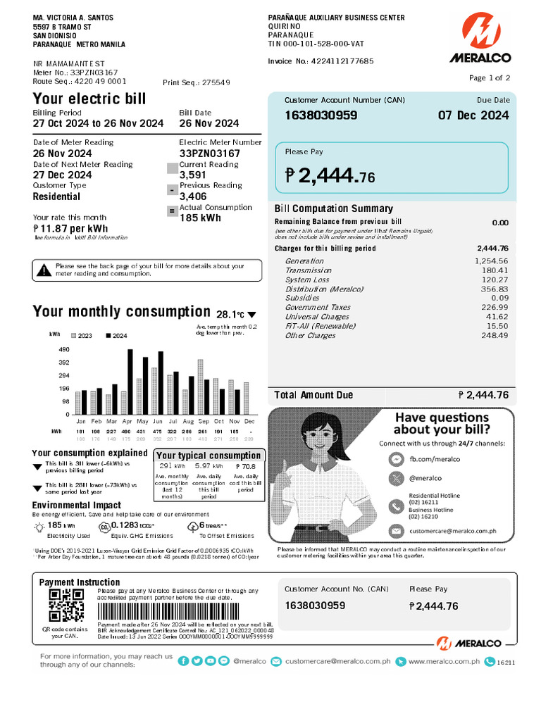 Meralco Receipt_430201940101_11262024_2 | PDF | Banks | Subsidy
