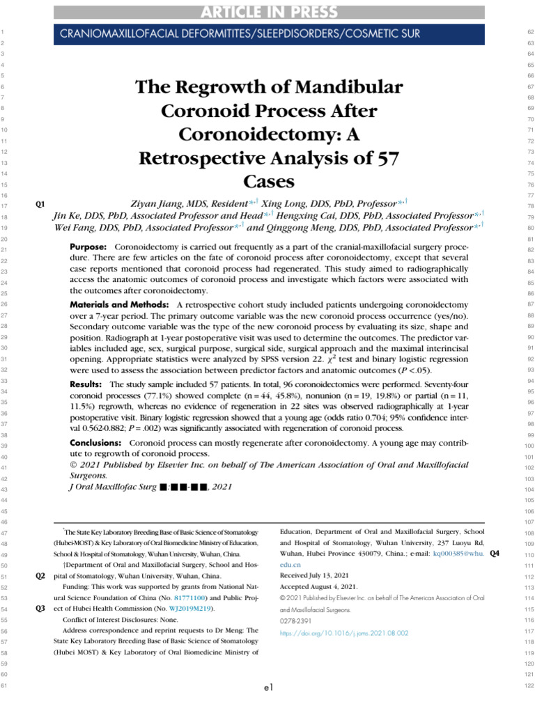 The Regrowth of Mandibular Coronoid Process After Coronoidectomy. | PDF ...