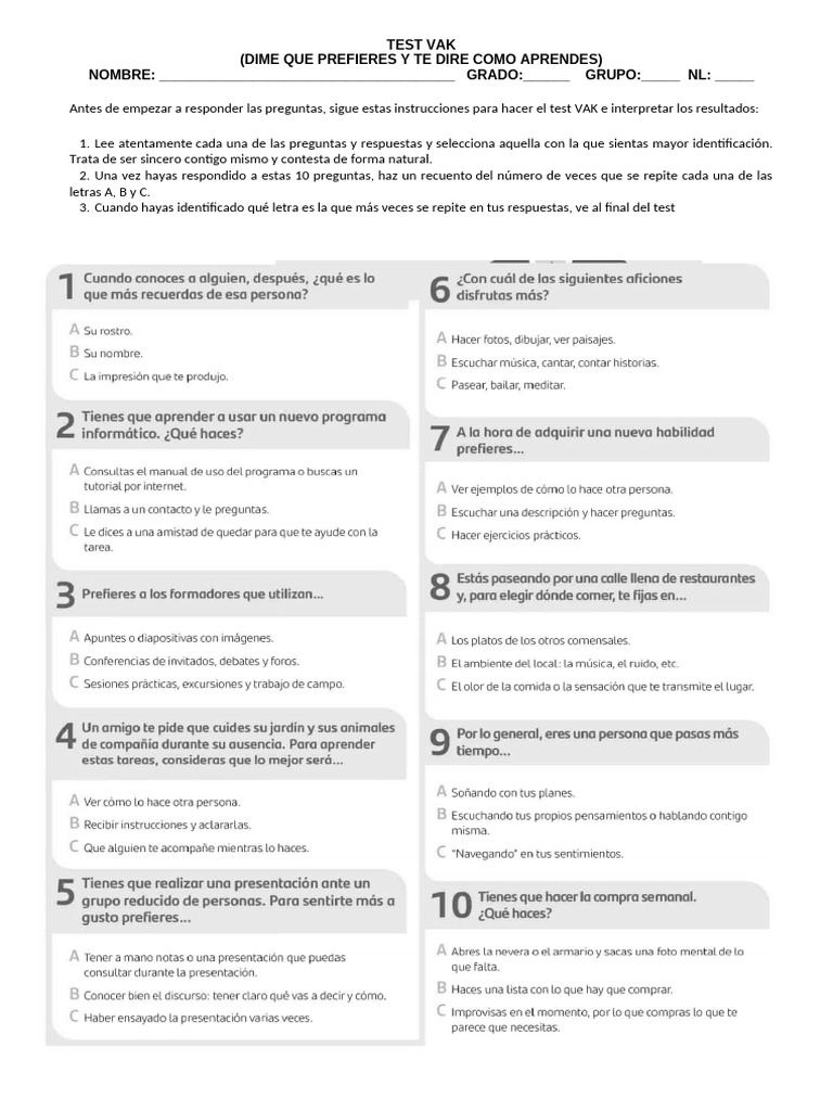 Test Vak Estilos de Aprendizaje | PDF | Aprendizaje | Procesos mentales