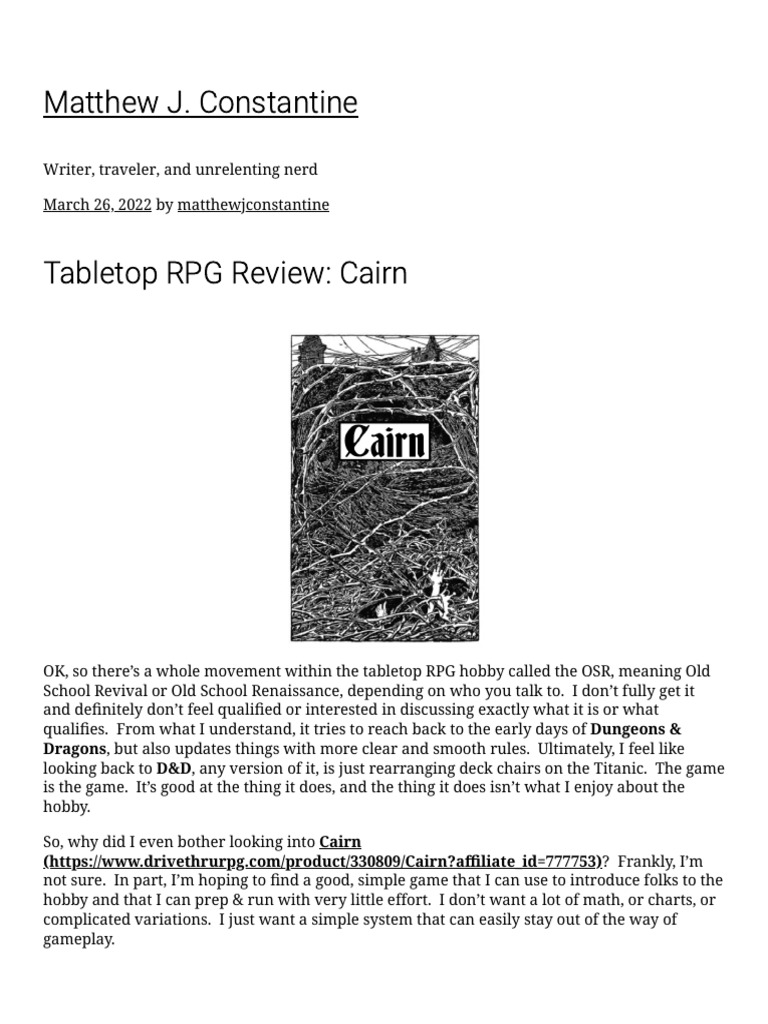 Tabletop RPG Review - Cairn - Matthew J. Constantine | PDF | Role ...