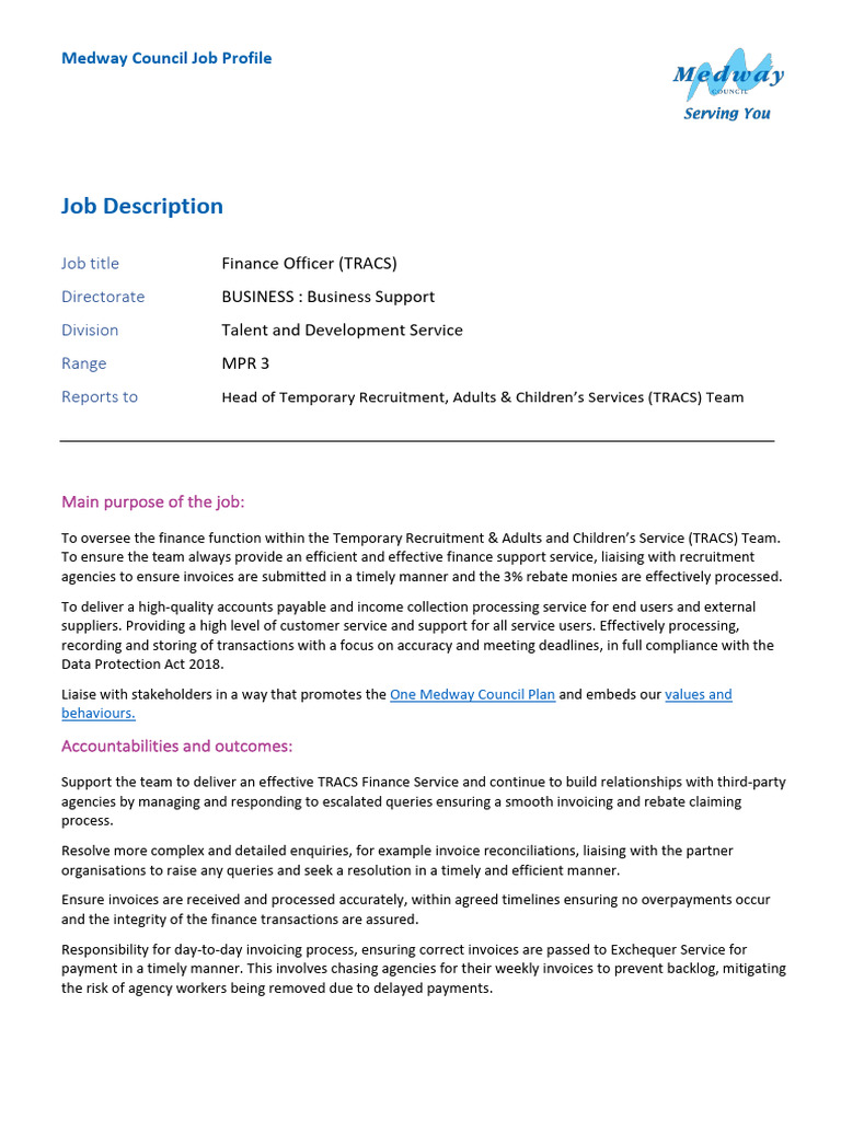 TRACS Finance Officer Range 3 Job Profile | PDF | Mentorship | Taxes