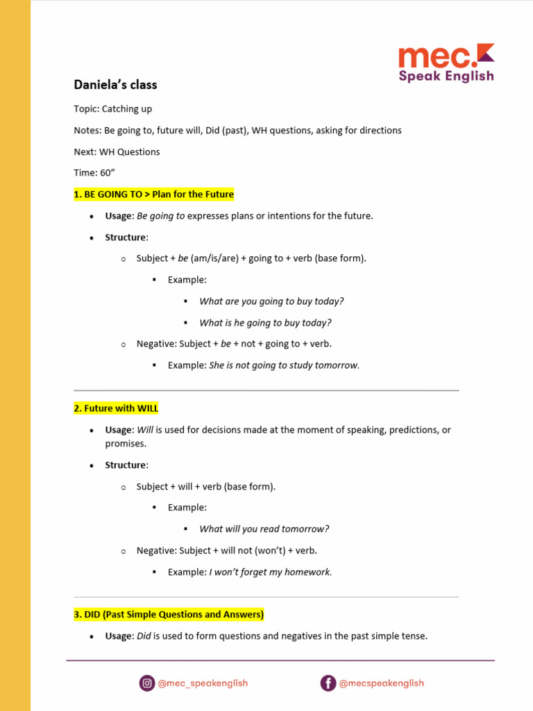 Catching Up - Daniela's Class | PDF | Question | Verb