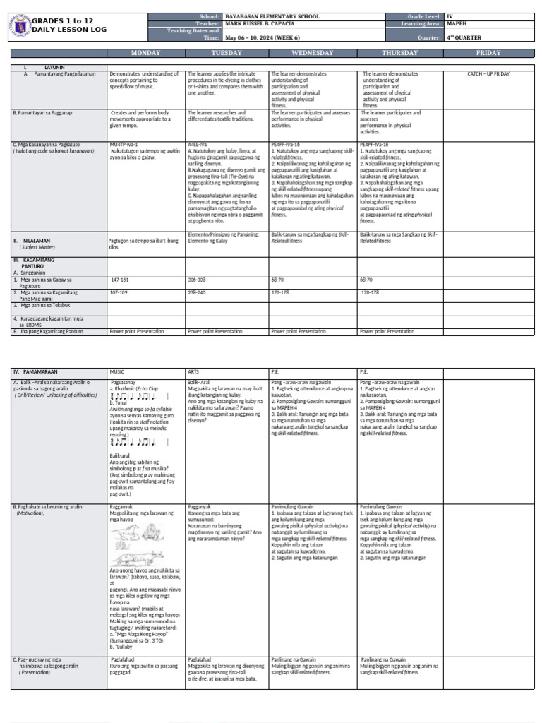 DLL_MAPEH 4_Q4_W1 | PDF