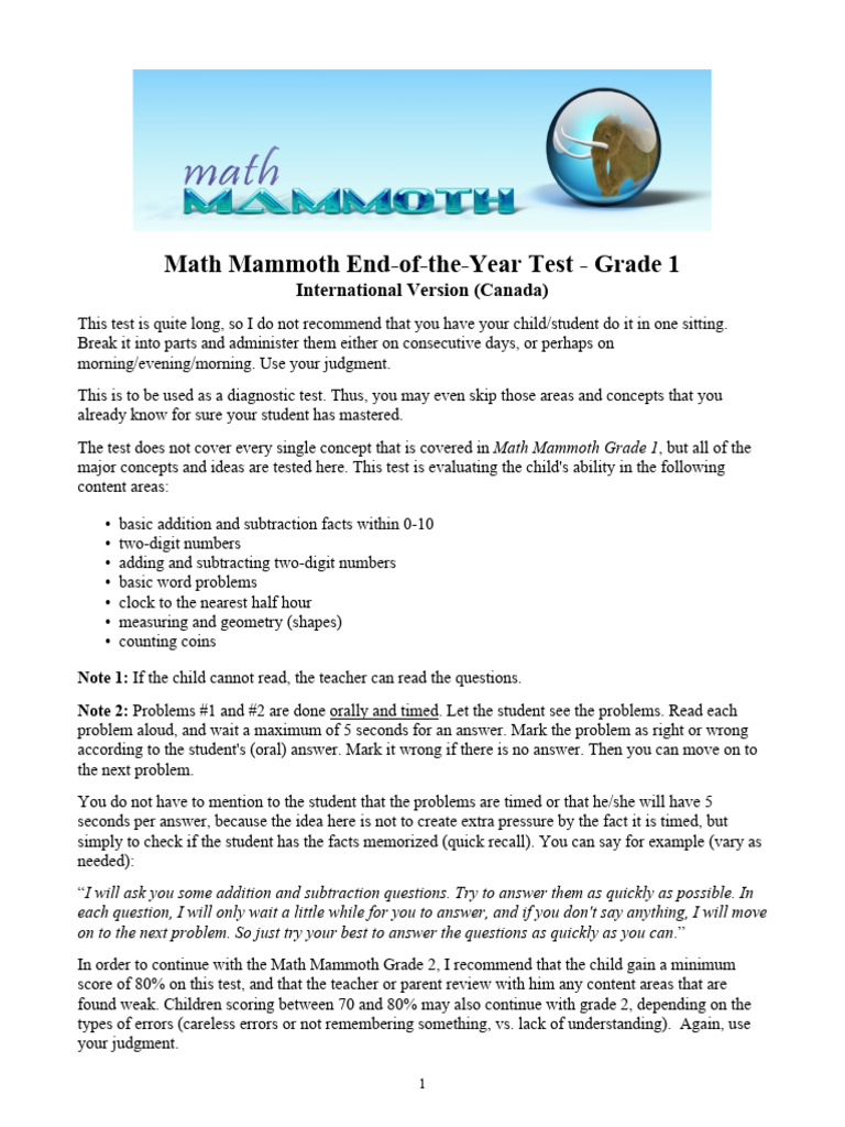 Grade 1 Math End-of-Year Test Guide | PDF | Cognition
