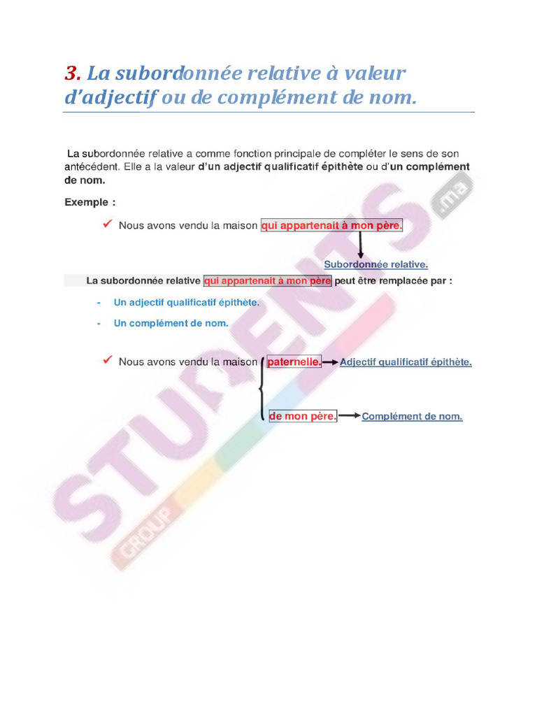 La Subordonnée Relative à Valeur d’Adjectif Ou de Complément de Nom ...