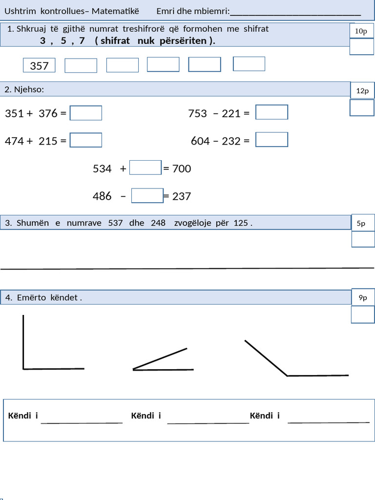 Test Matematike KL 3 Testi 2 | PDF