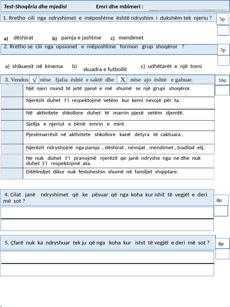 Test Shoqeria Dhe Mjedisi 1 KL 3 | PDF