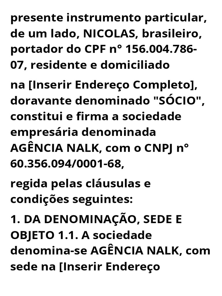 Presente Instrumento Particular, de Um Lado, NICOLAS, Brasileiro ...