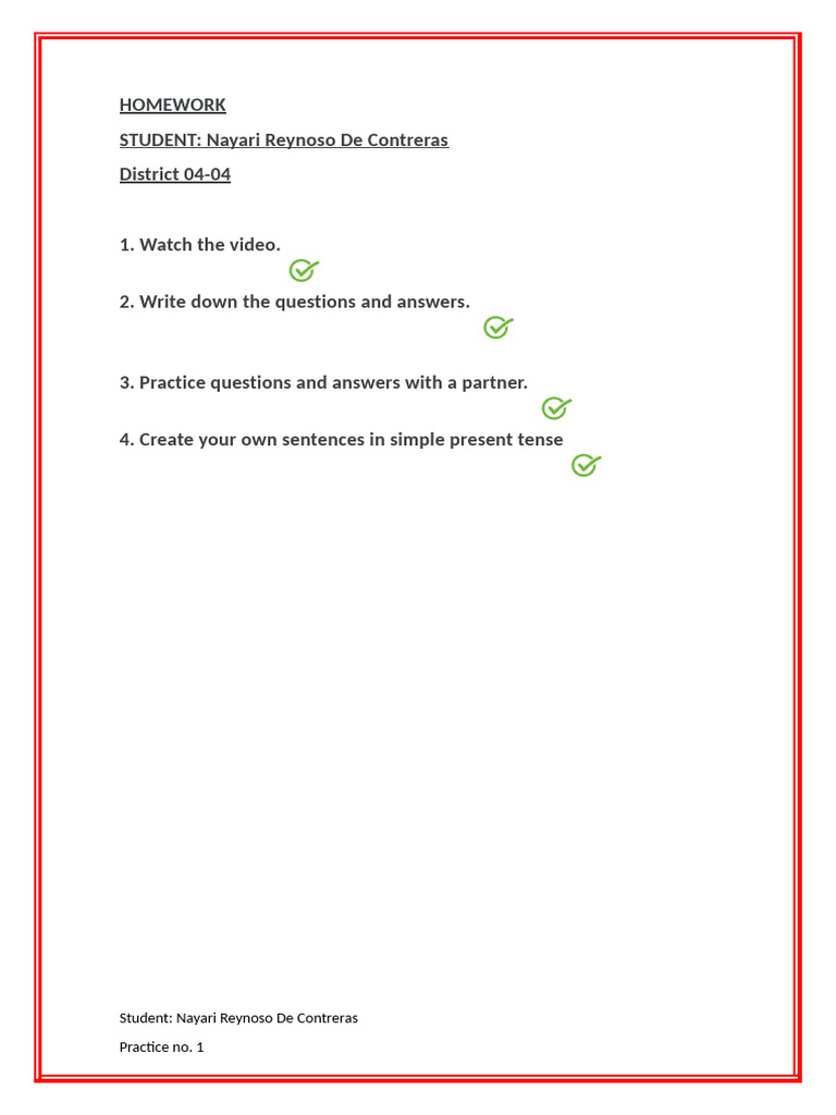 1st Homework English Class | PDF