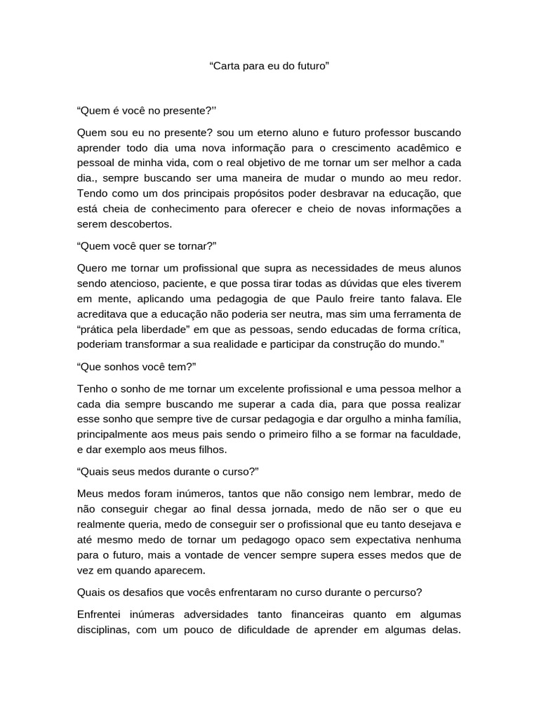 Carta Para O Eu Do Futuro Pdf Pedagogia Aprendizado