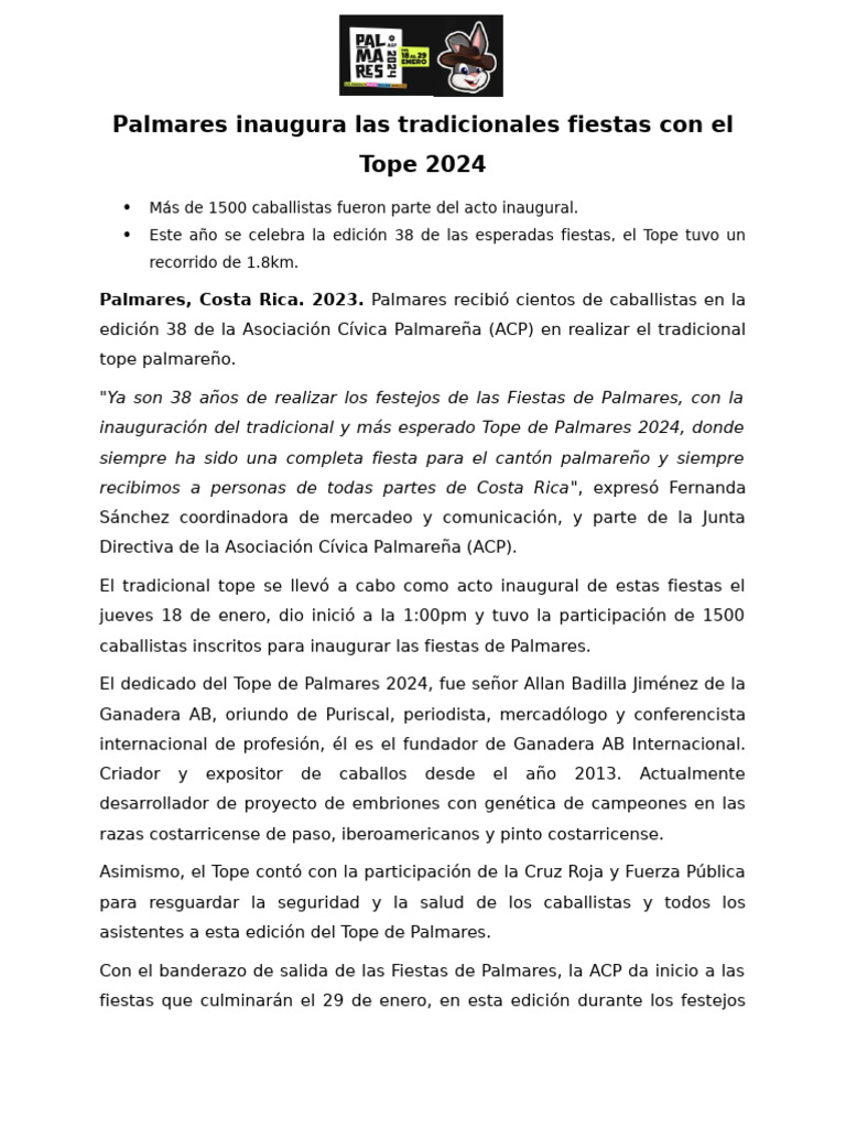 CP Palmares celebra tope 2024 | PDF | Costa Rica