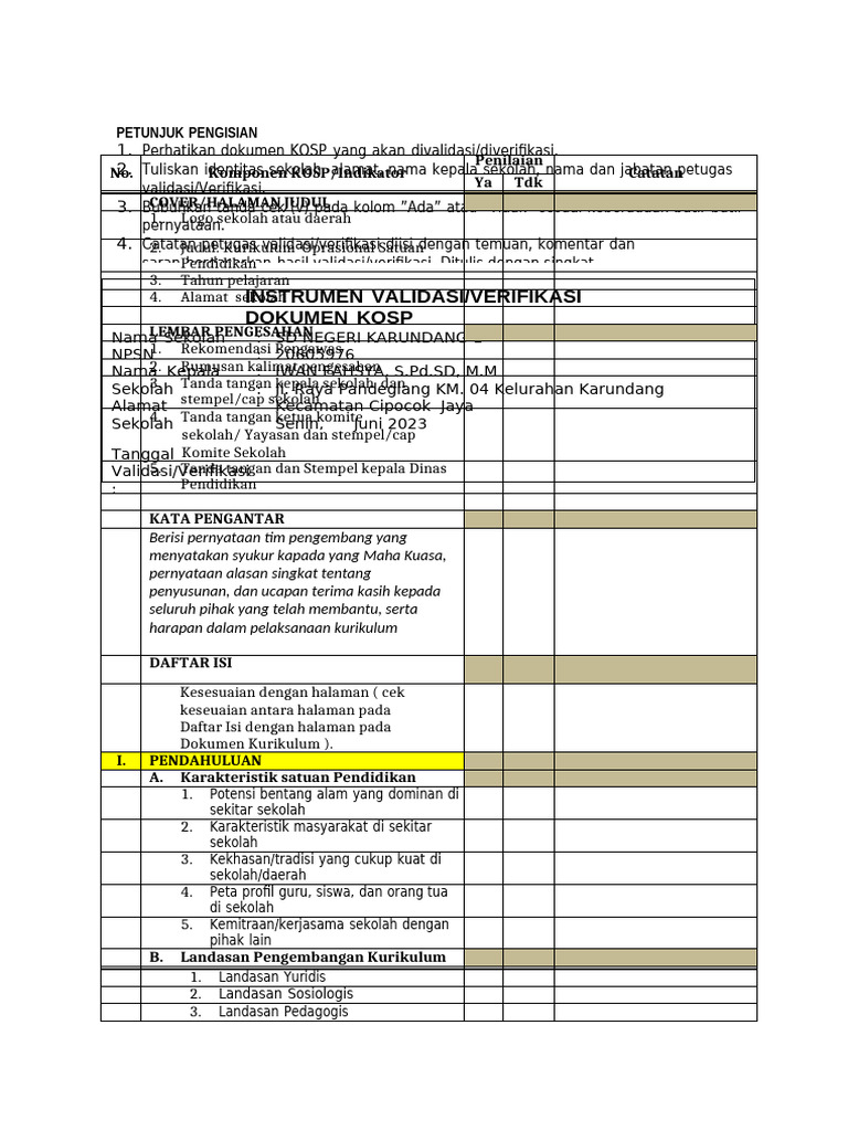 INSTRUMEN Validasi KOSP | PDF