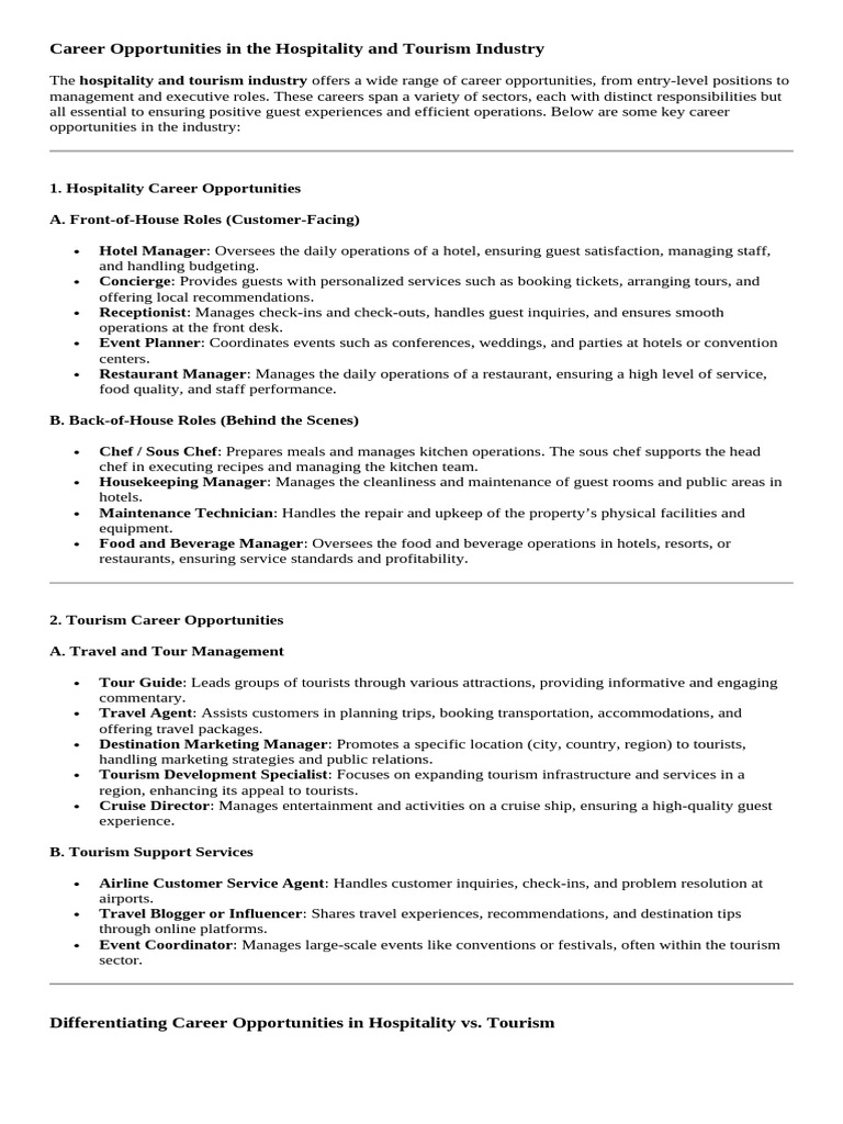 Career Paths in Hospitality & Tourism | PDF | Tourism | Hotel