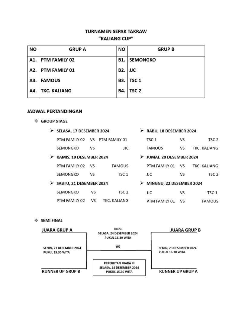 Jadwal Turnamen Sepak Takraw Kaliang Cup | PDF