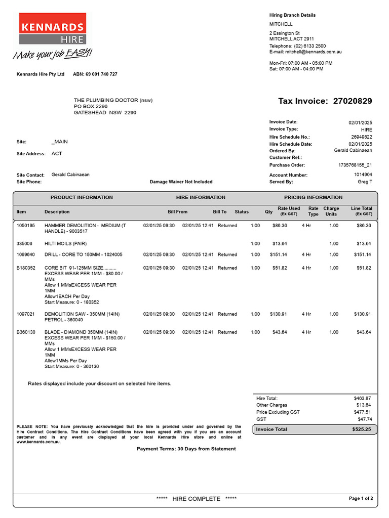 HIRE Invoice 27020829 For Site - MAIN - 2025-Jan-03 | PDF | Invoice | Business